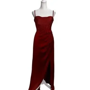 Azazie | Dresses | Azazie Satin Maxi Dress Cm Rust Corset Lace Up Slit ...